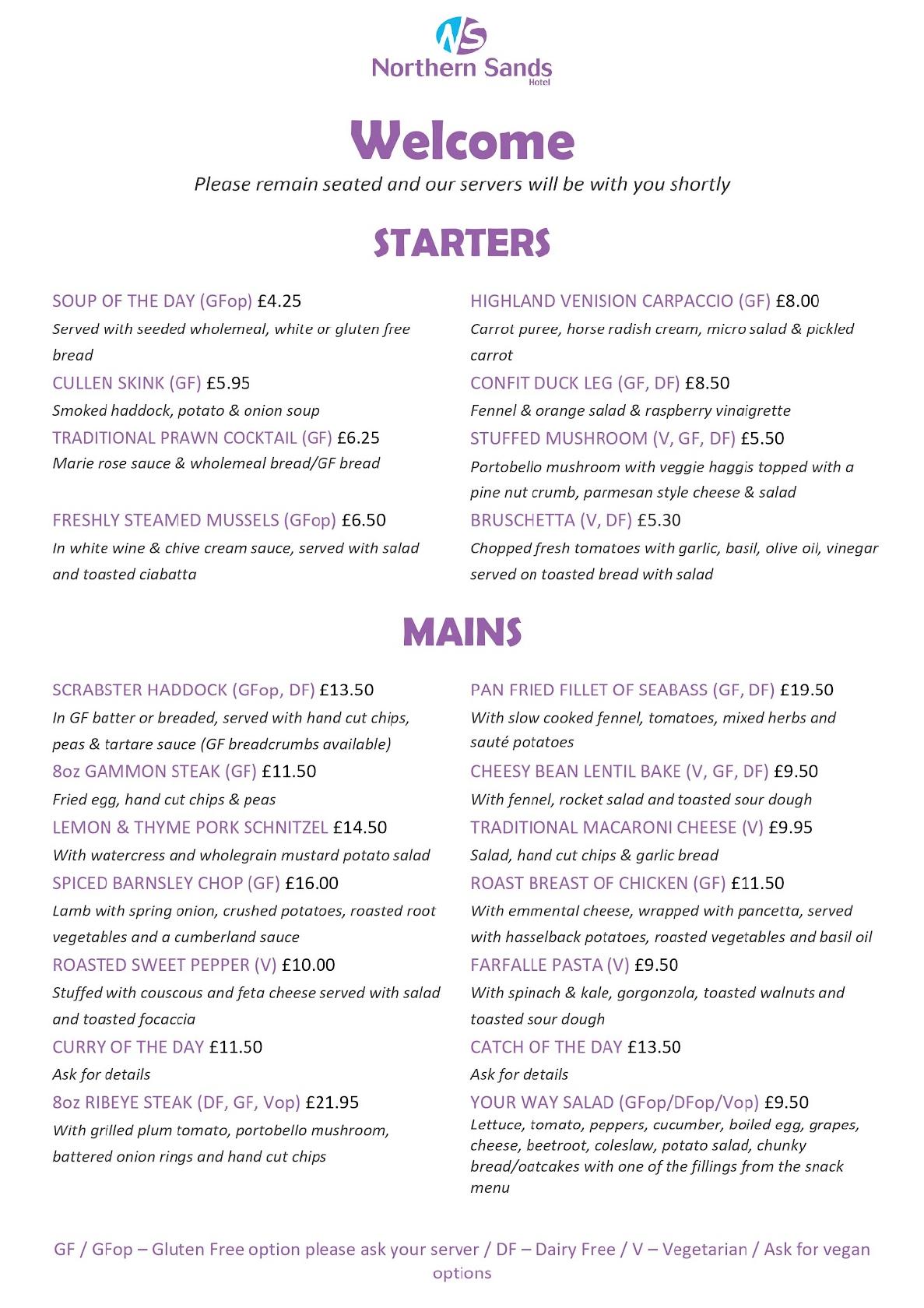 Menu at Northern Sands Hotel pub & bar, Dunnet