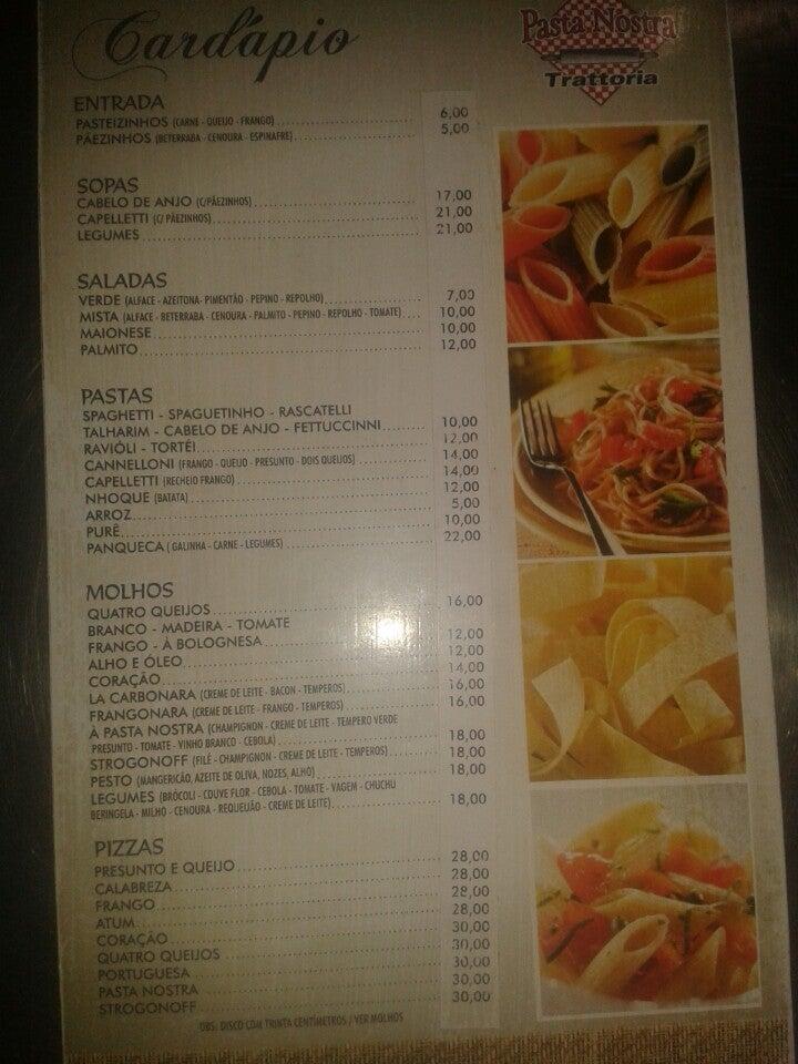 Menu at Pasta Nostra restaurant, São Francisco de Paula
