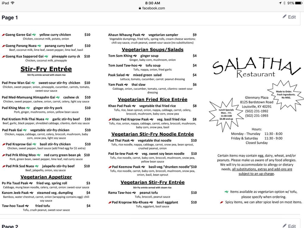Menu at Sala Thai Restaurant, Louisville, Bardstown Rd