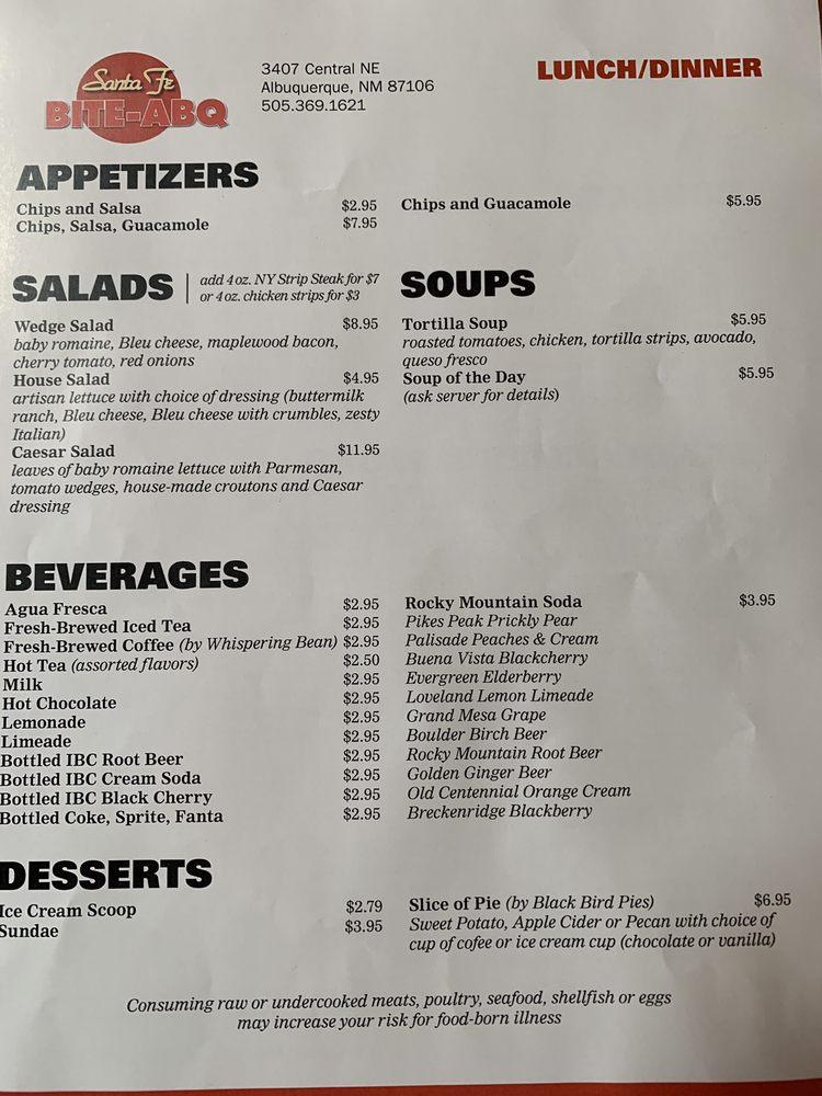Menu at ABQ BITE restaurant, Albuquerque