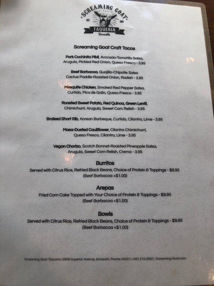 Menu at Screaming Goat Taqueria restaurant, Sarasota