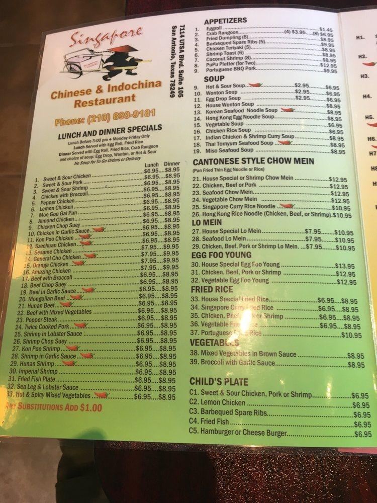 Menu at Singapore II UTSA restaurant, San Antonio