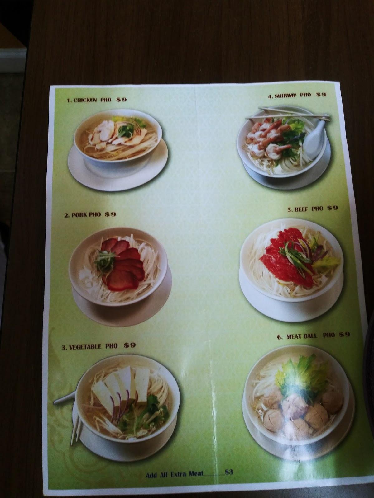 Menu at Tasty Pho restaurant, Toppenish