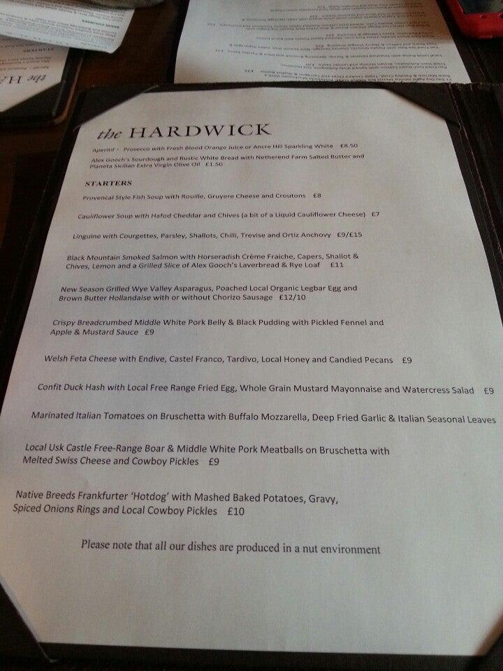 Menu at The Hardwick restaurant, Abergavenny