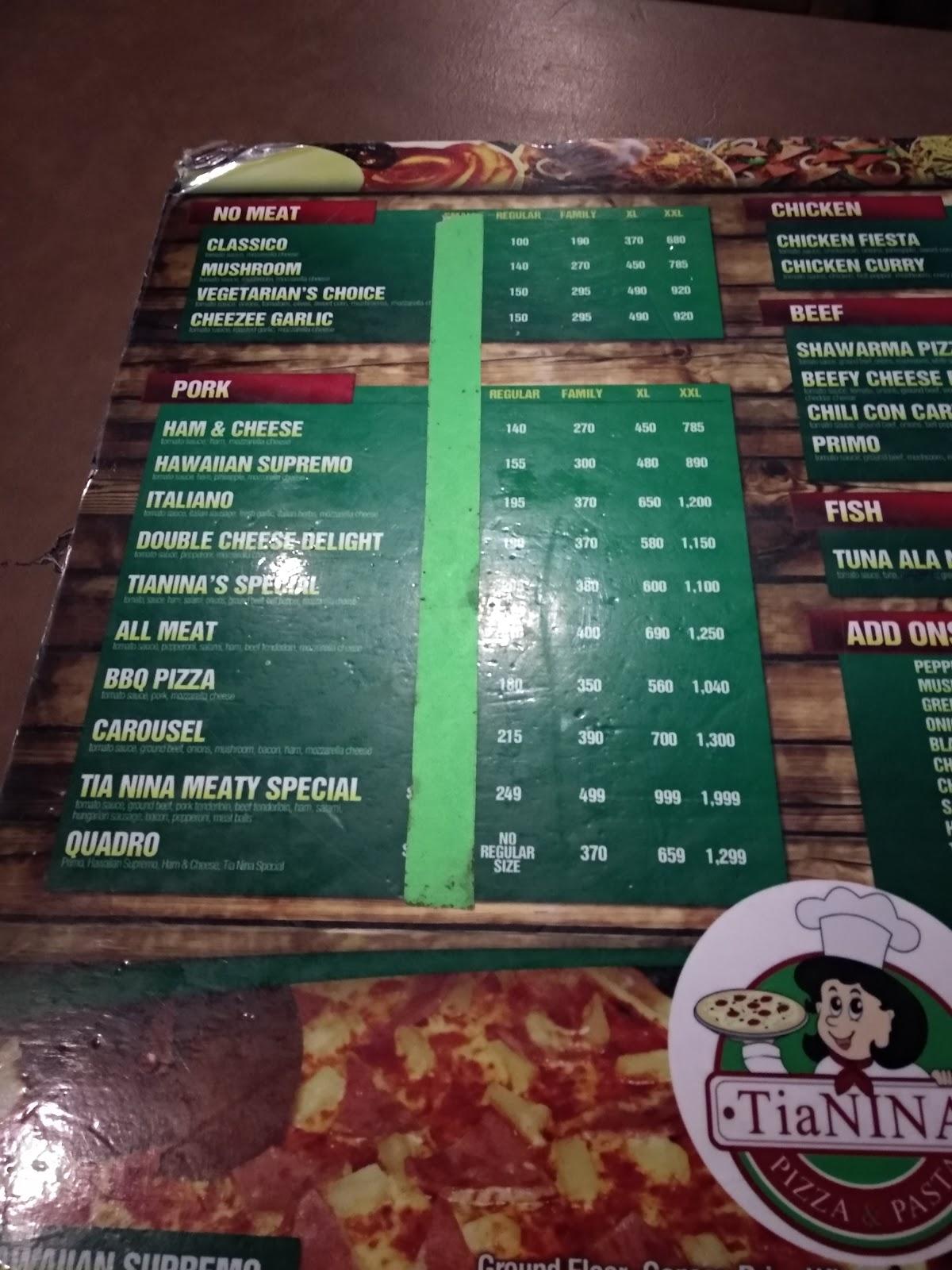 Menu at Tia Nina Pizza & Pasta restaurant, Koronadal City