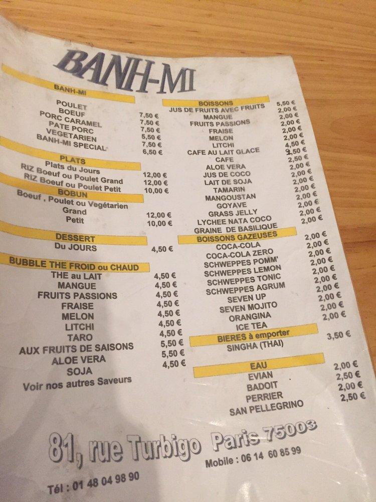 Menu au Banh Mi restaurant, Paris, 81 R. de Turbigo
