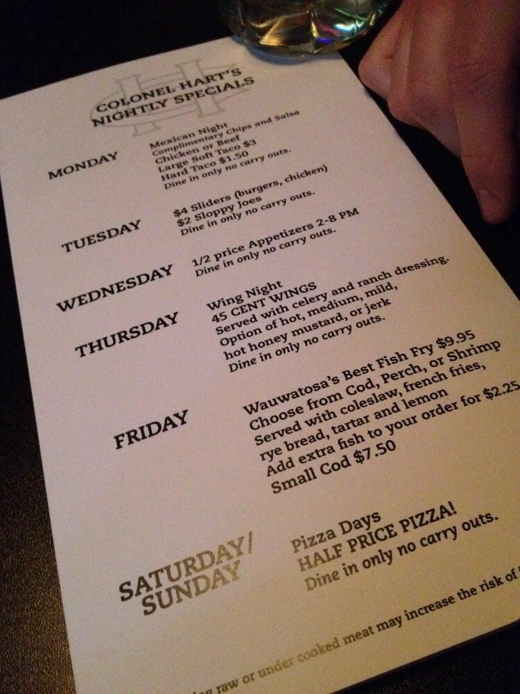 Menu at Colonel Hart's pub & bar, Wauwatosa