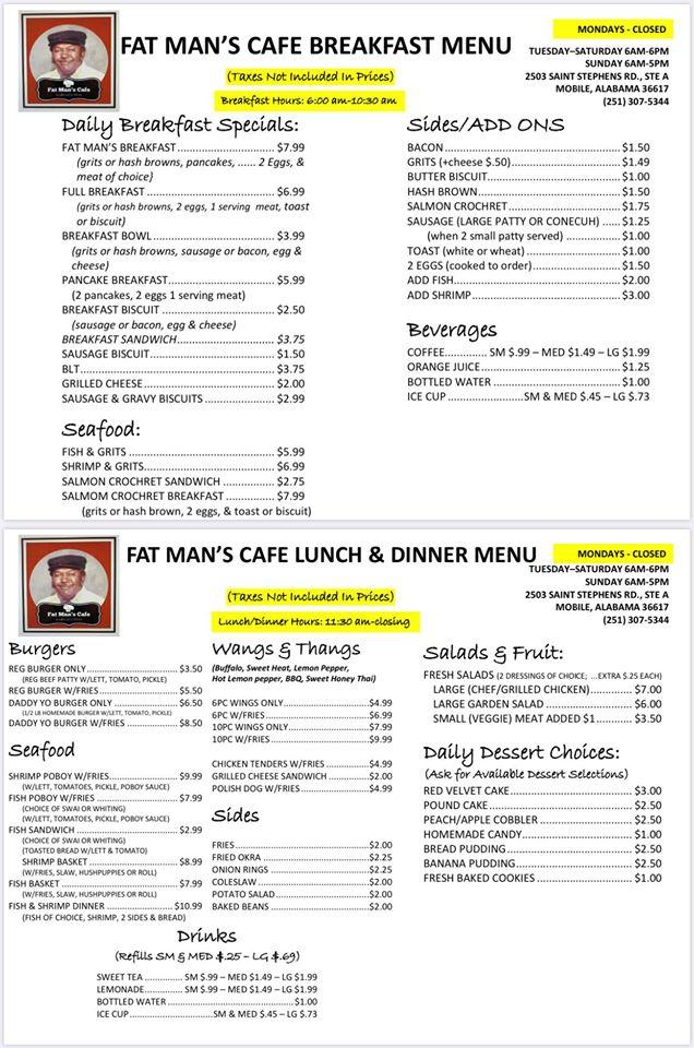 Menu at Fat Man’s Cafe, LLC Mobile AL, Mobile