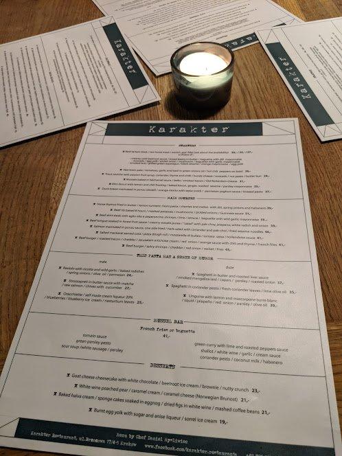 Menu at Karakter restaurant, Kraków