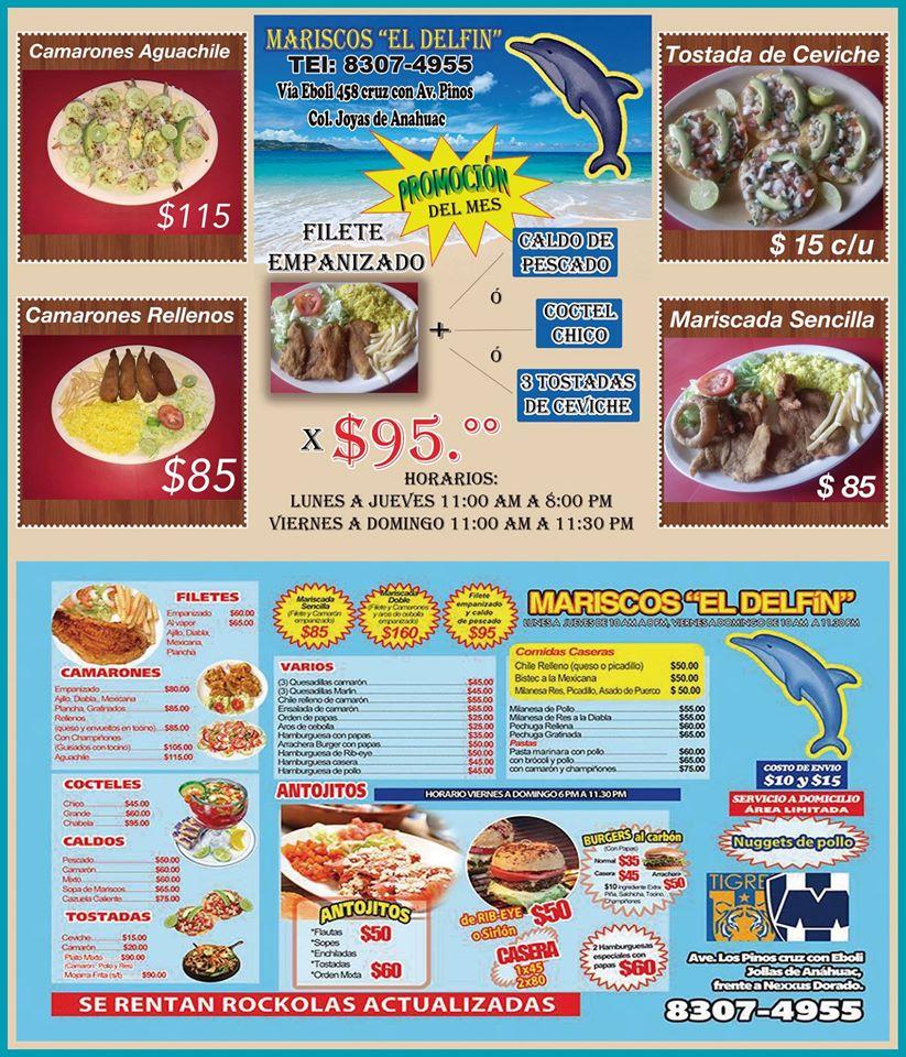 Carta del restaurante Mariscos El Delfin, Mexico