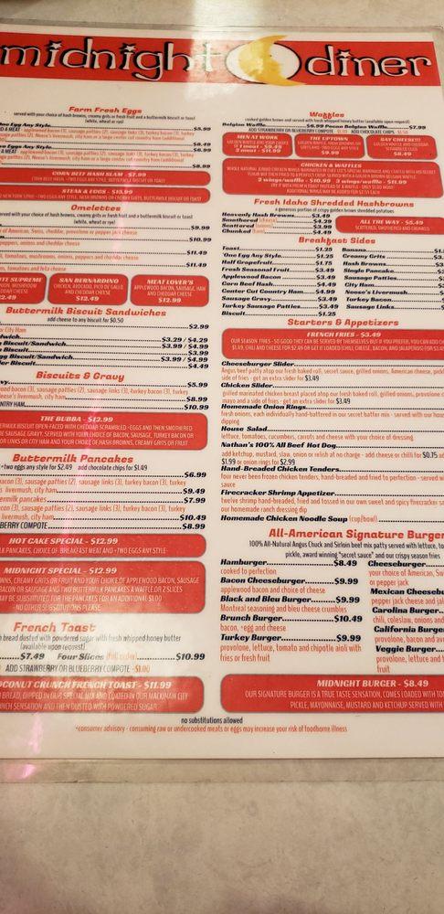 Menu at Midnight Diner restaurant, Charlotte, 108 E Morehead St