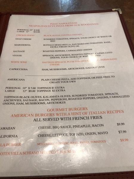 Menu at Villa Schiano restaurant, Elizabethville