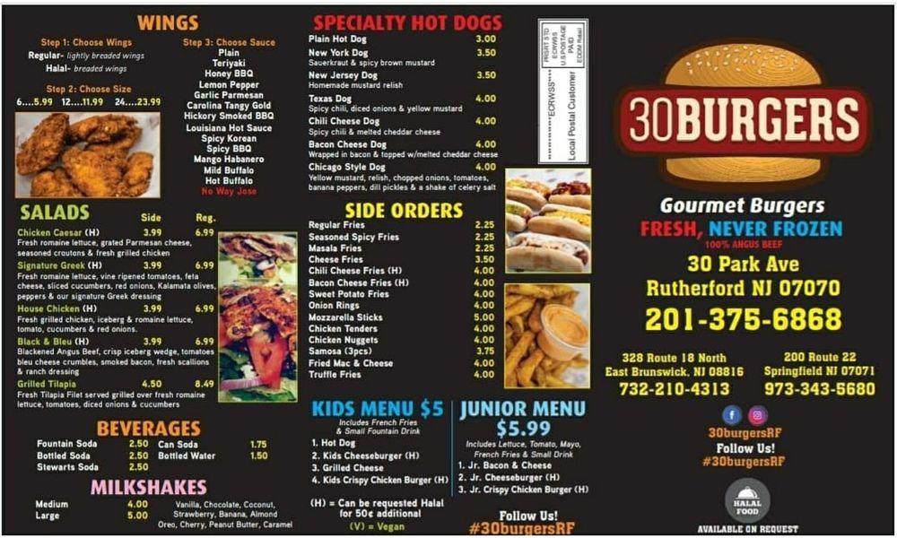 Menu at 30 Burgers restaurant, Rutherford