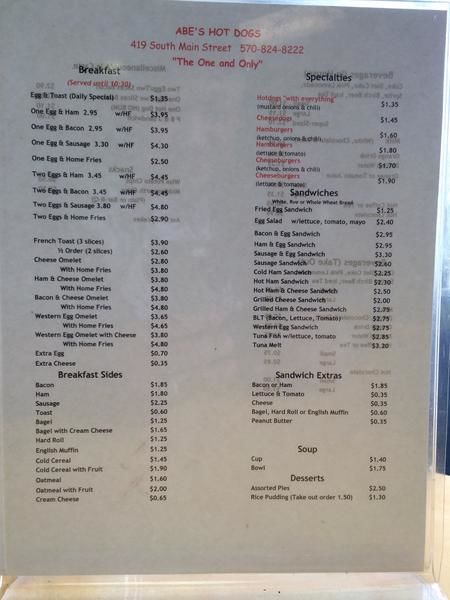 Menu at Abe's Hot Dogs restaurant, Wilkes-Barre, 419 S Main St