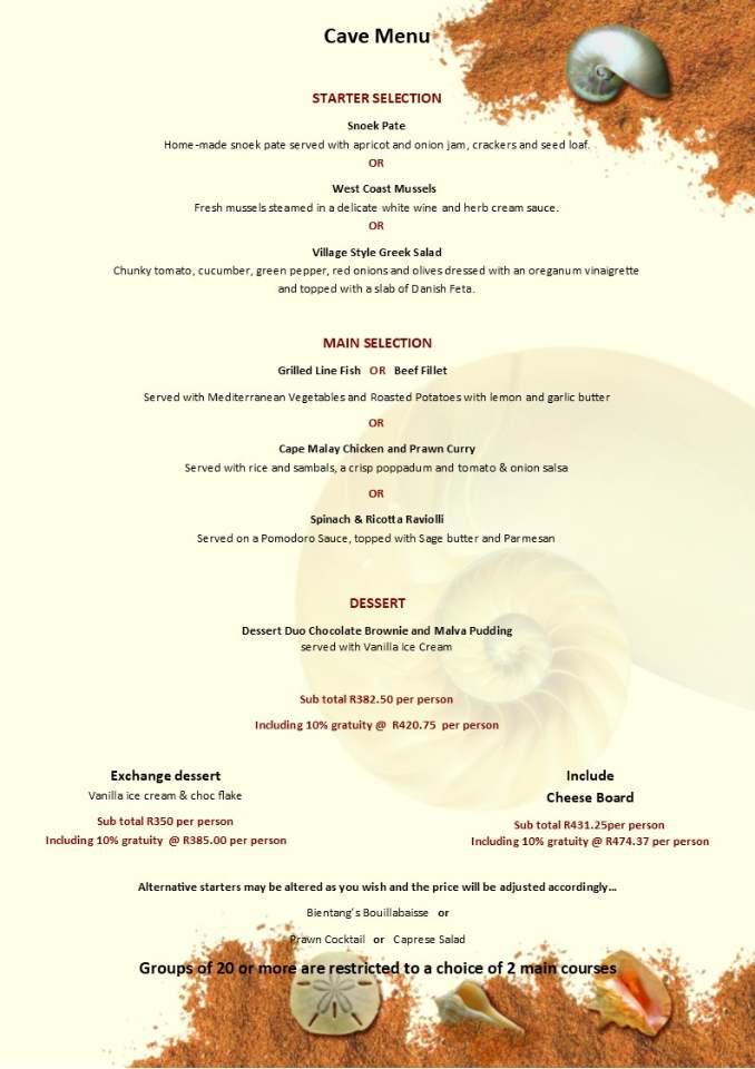Menu at Bientang's Cave Restaurant & Wine Bar, Hermanus, In a cave ...