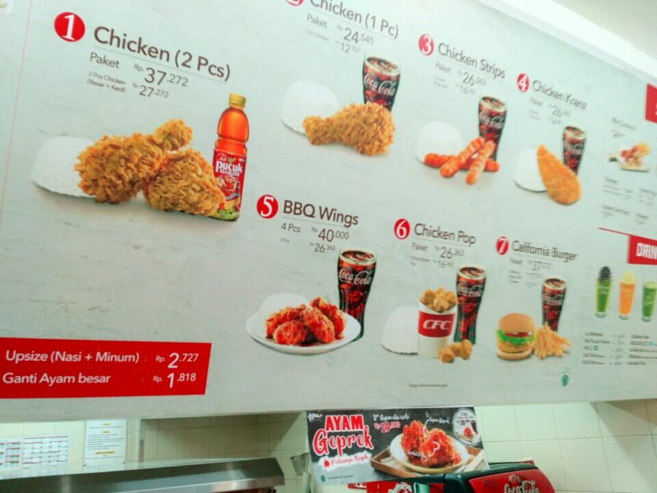 Menu at CFC restaurant, Tegal