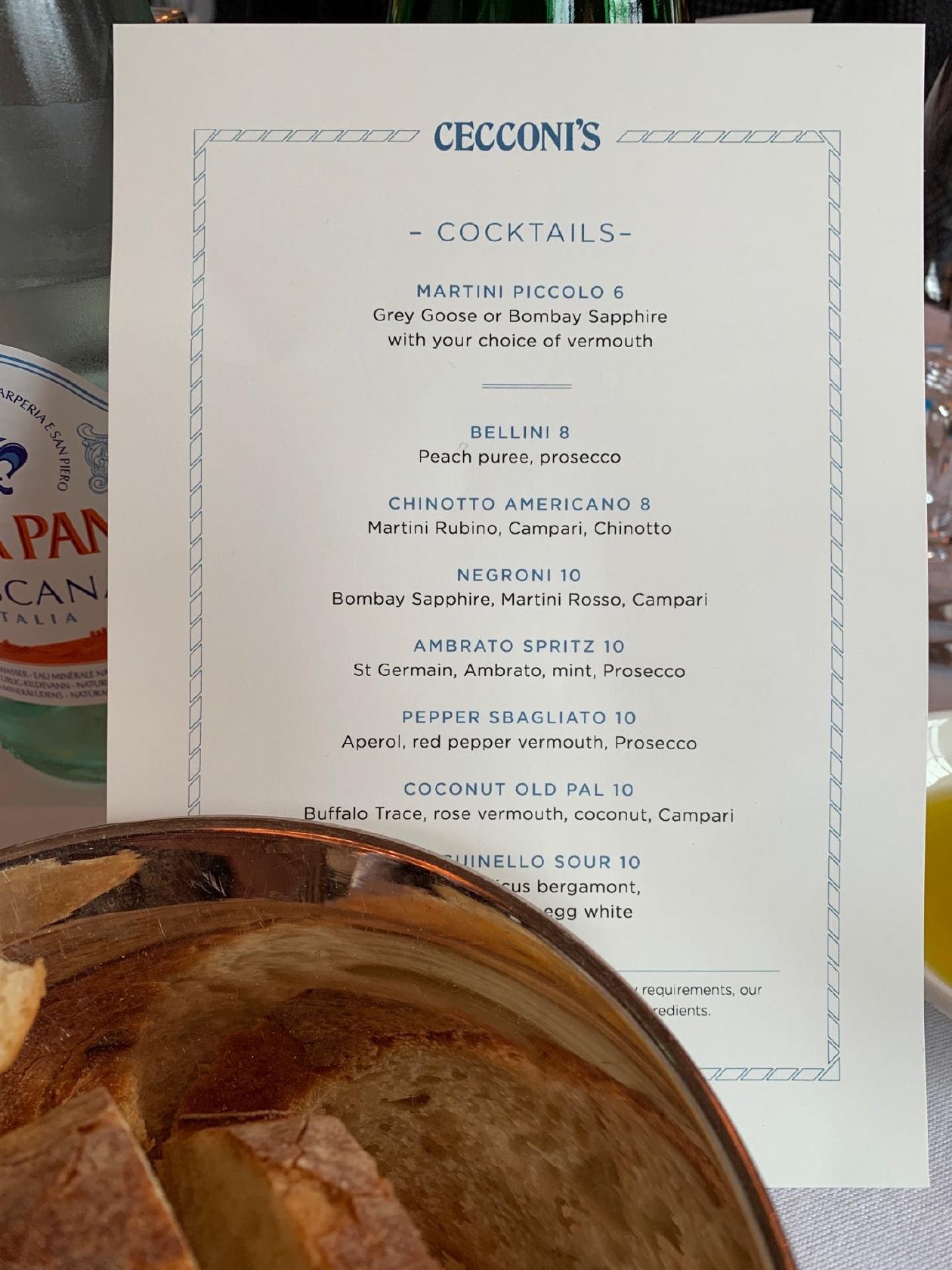 Menu at Cecconi’s Amsterdam, Amsterdam