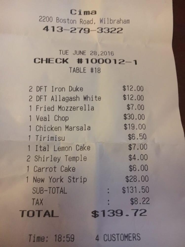 Menu at Cima Restaurant & Chop House, Wilbraham