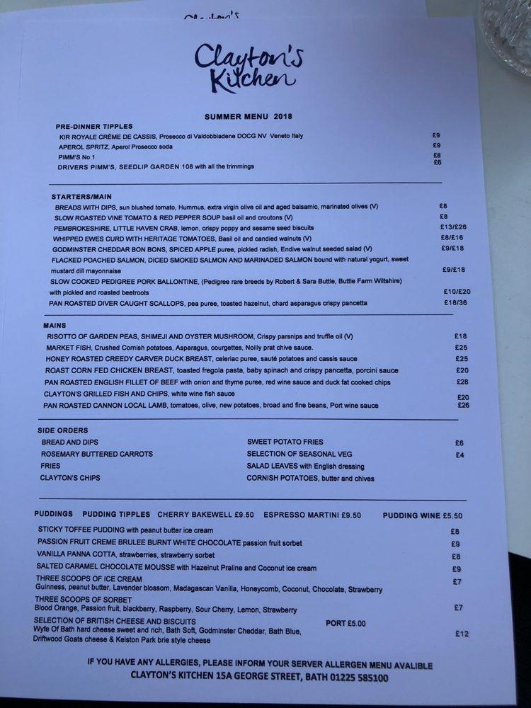Menu at Clayton's Kitchen restaurant, Bath