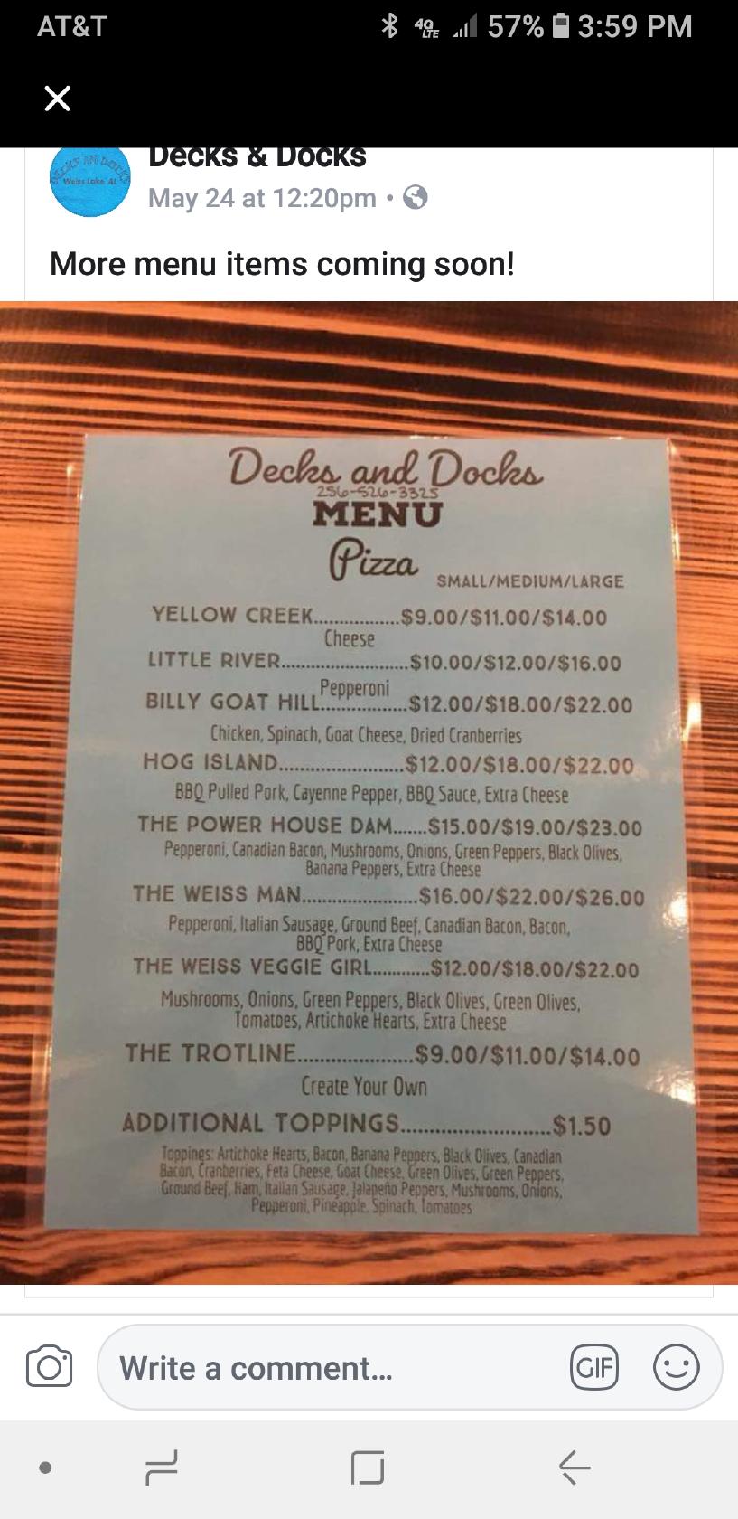Menu at Decks and Docks pub & bar, Leesburg