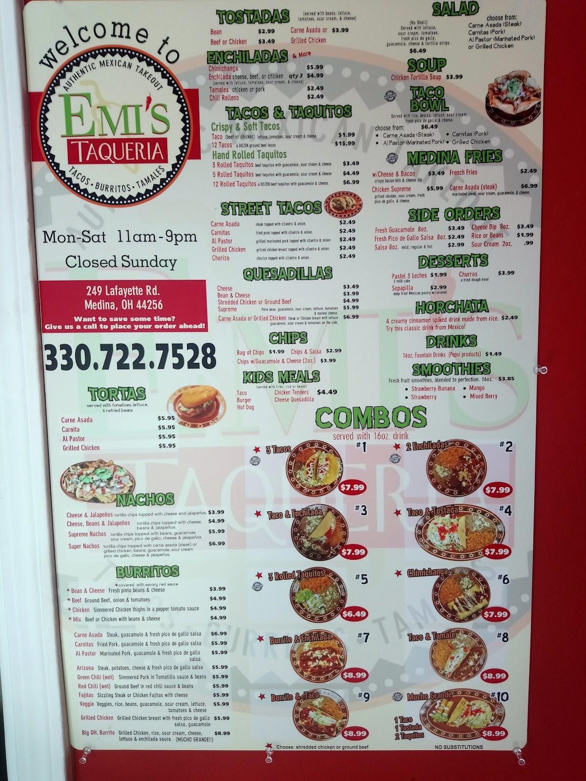 Menu at Emi's Taqueria restaurant, Medina