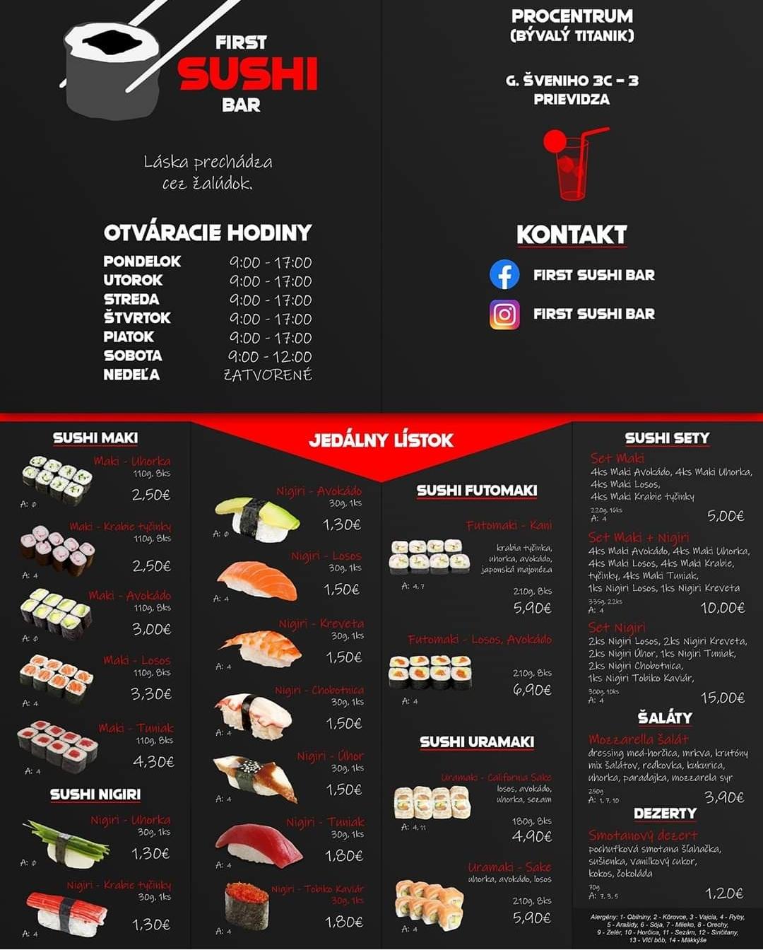 Menu at First Sushi Bar, Prievidza