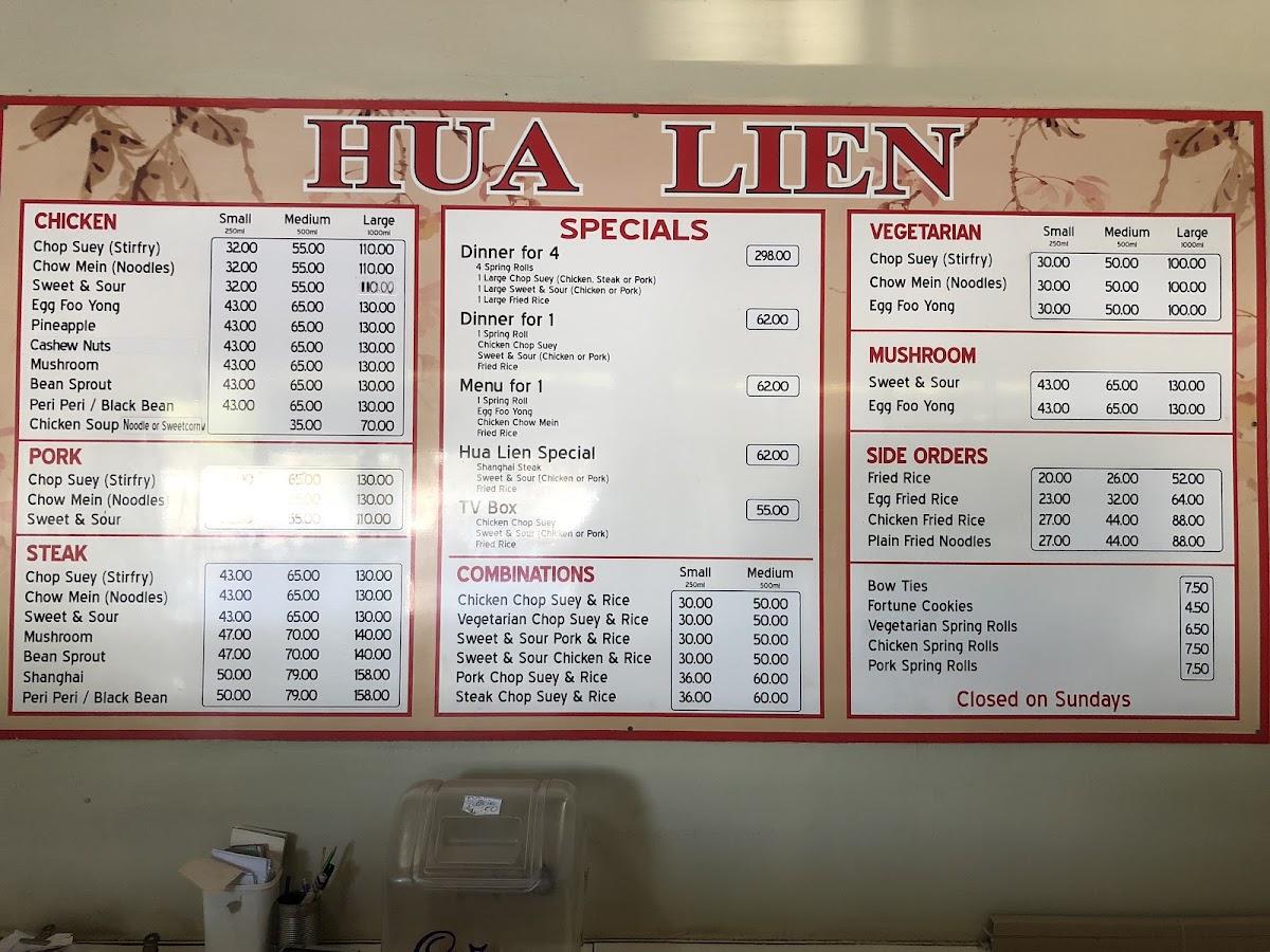 Menu at Hua Lien Chinese Take-Aways restaurant, Cape Town