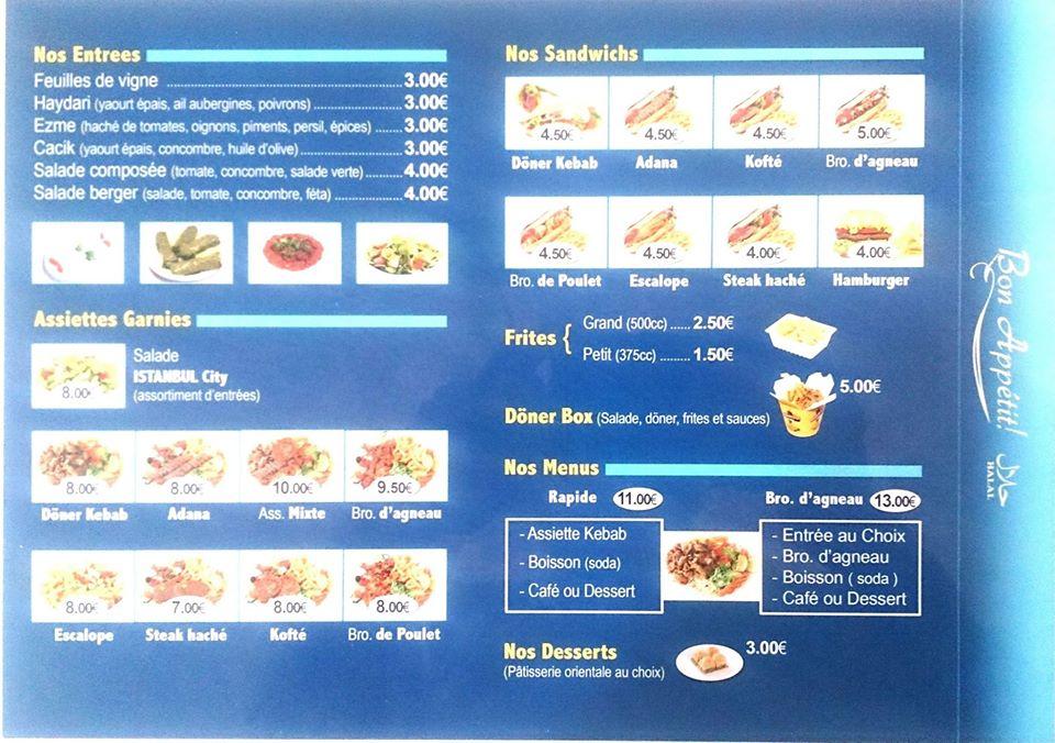 Menu at Istanbul City Kebab fast food, Marseille, 22 Cr Belsunce