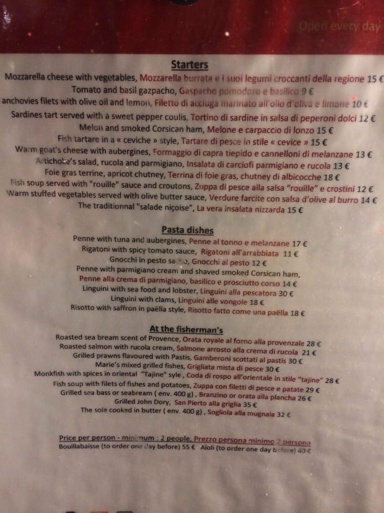 Menu at La maison de Marie restaurant, Nice