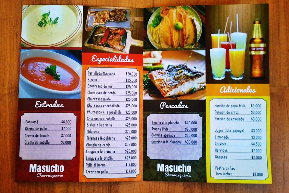 Menu at Masucho churrasqueria restaurant, Pasto