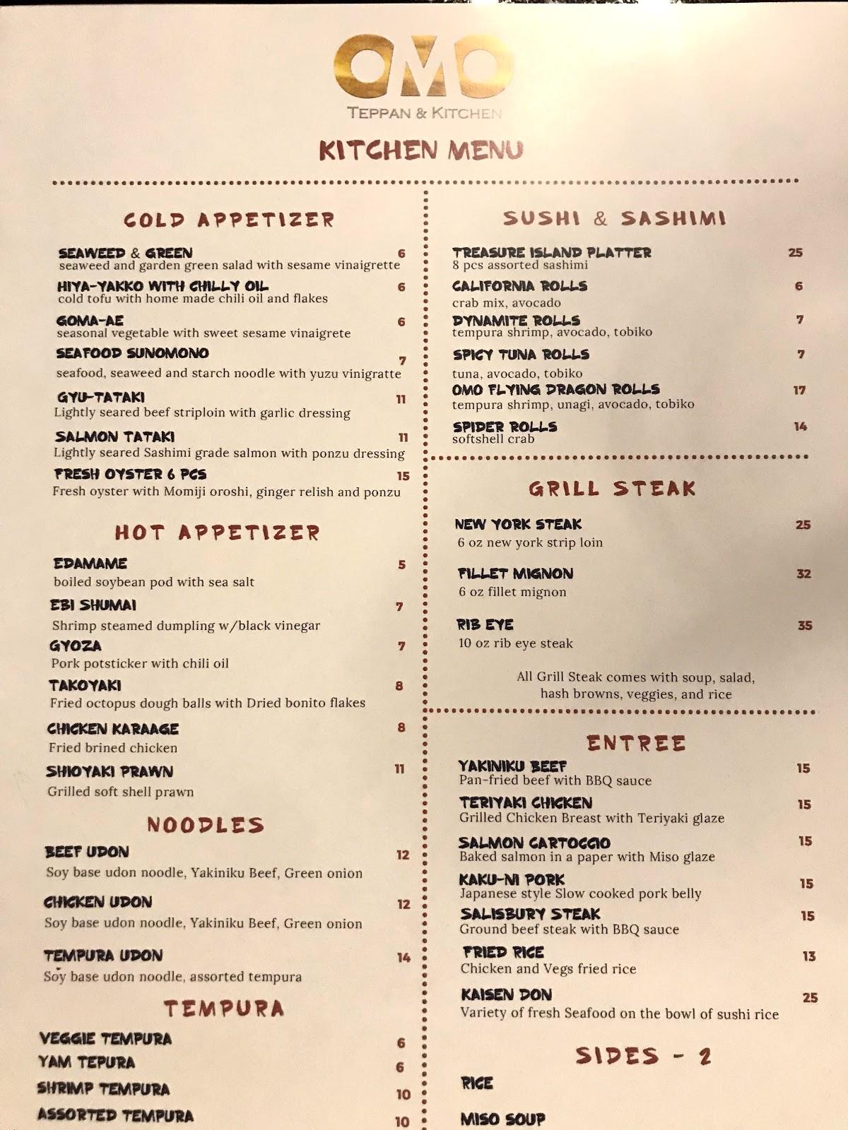 Menu at OMO Teppan and Kitchen restaurant, Calgary, Macleod Trail SW