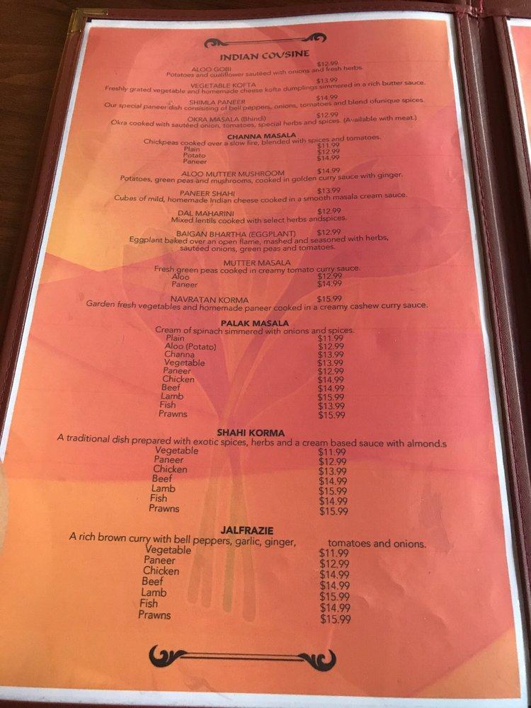 Menu at Saffron Indian restaurant, Four Corners