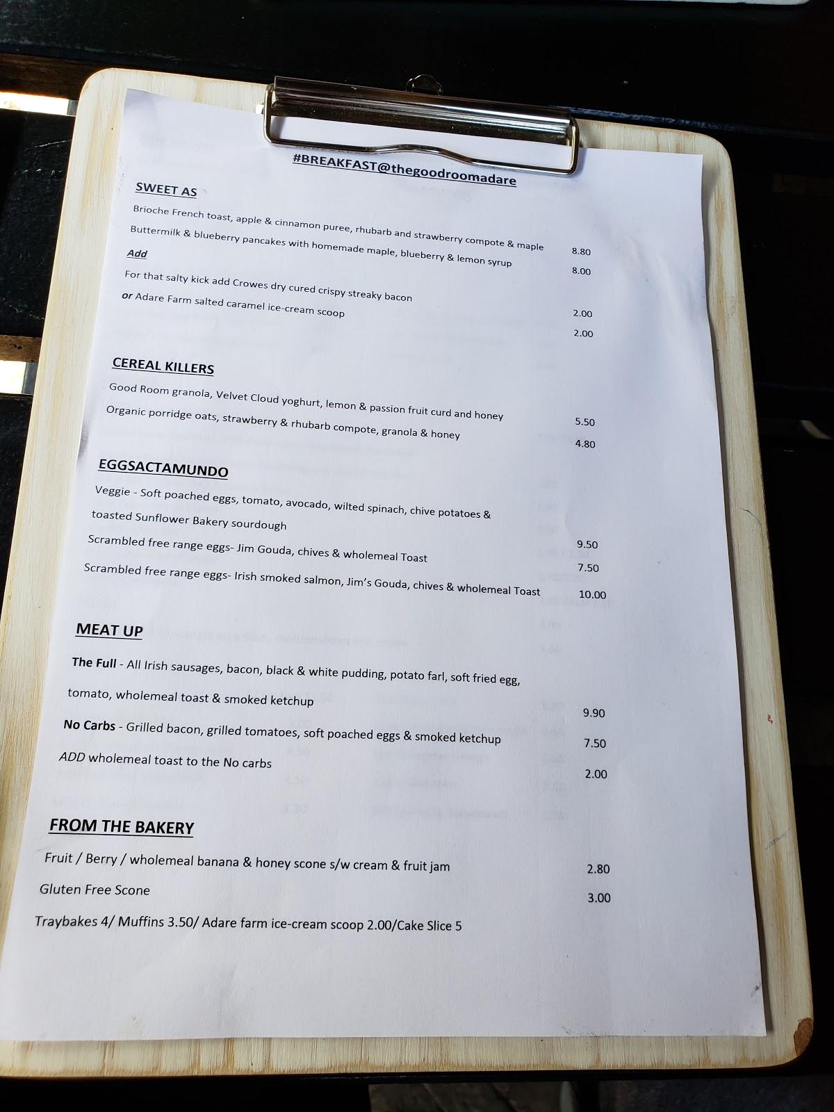 Menu at The Good Room Café cafe, Adare