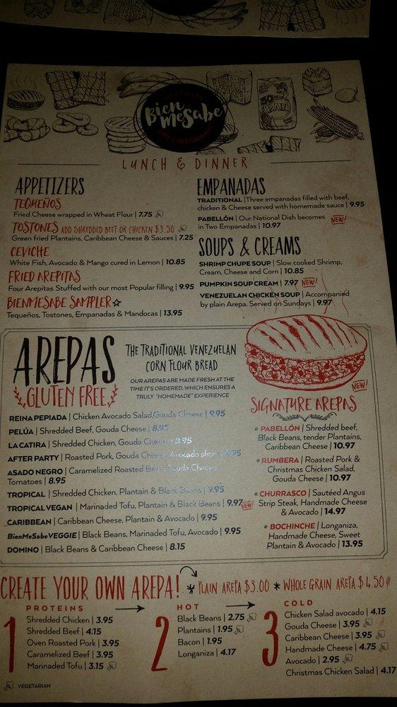 Carta de BienMeSabe Venezuelan Cafe & Restaurant, Chicago, W Montrose Ave