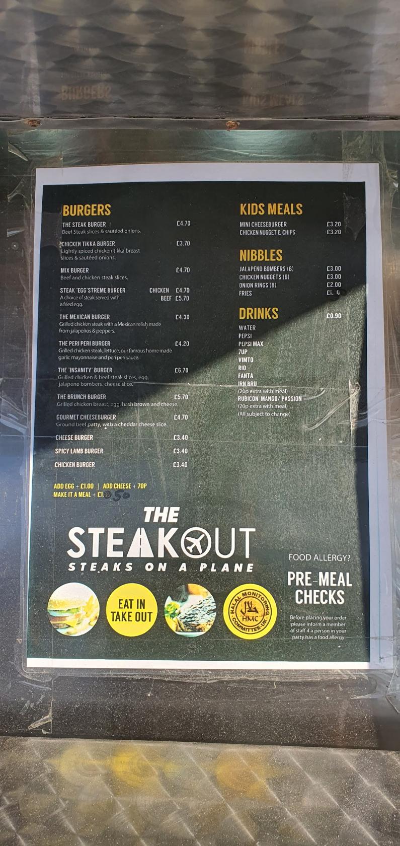 Menu at Steaks on a Plane steakhouse, Bolton