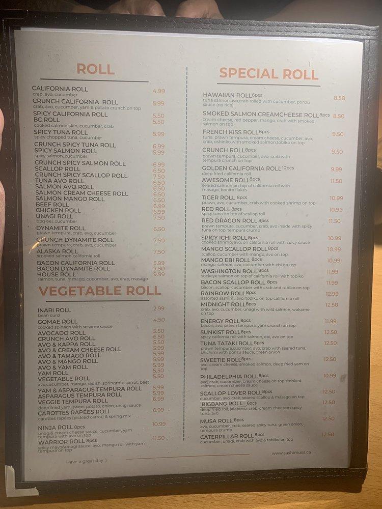 Menu at Sushi Musa restaurant, Langley Township