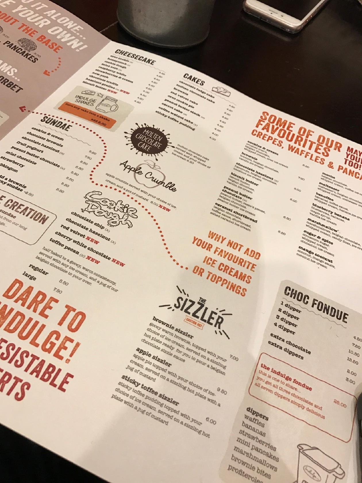 Menu at Indulge desserts, Pinner, 209-211 Marsh Rd