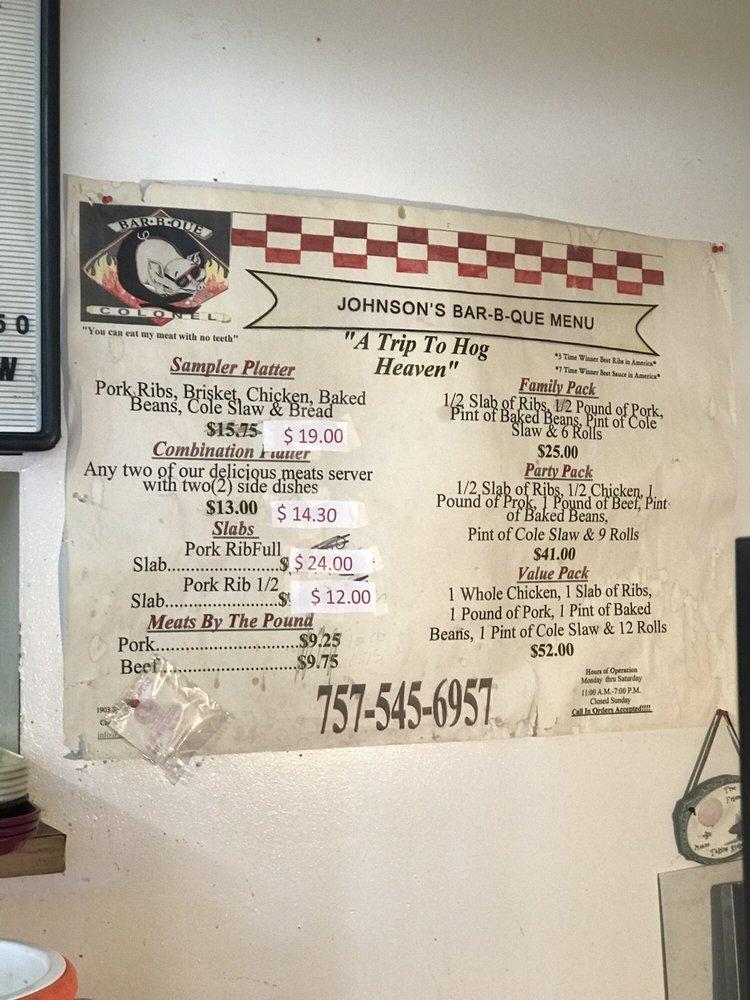 Menu at Johnson's BBQ, Chesapeake