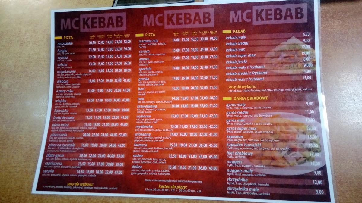 Menu at MC Kebab restaurant, Kwidzyn