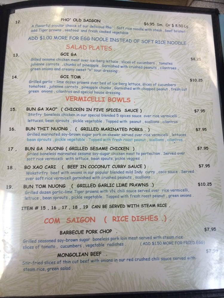 Menu at Old Saigon restaurant, Tukwila