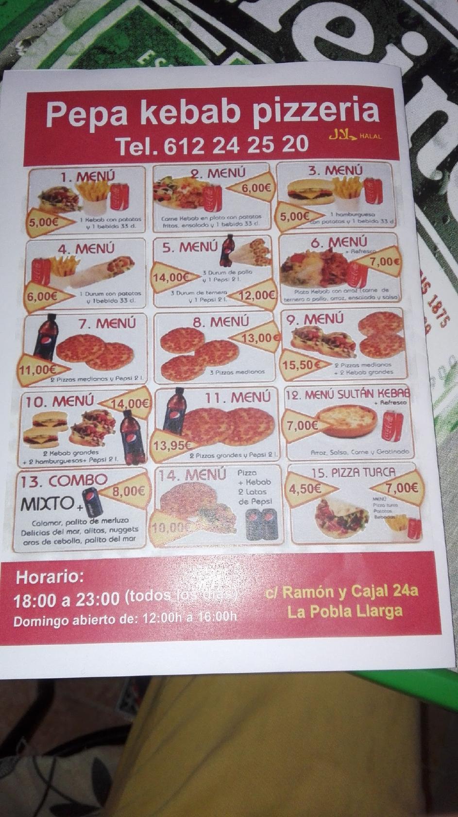 Menu at Pepa Kebab pizzeria, La Pobla Llarga