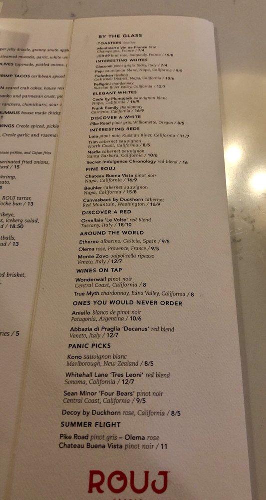 Menu at Rouj Creole restaurant, Baton Rouge