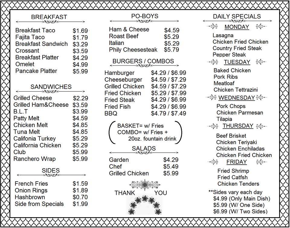Menu at Sesame Cafe, Houston, Armour Dr