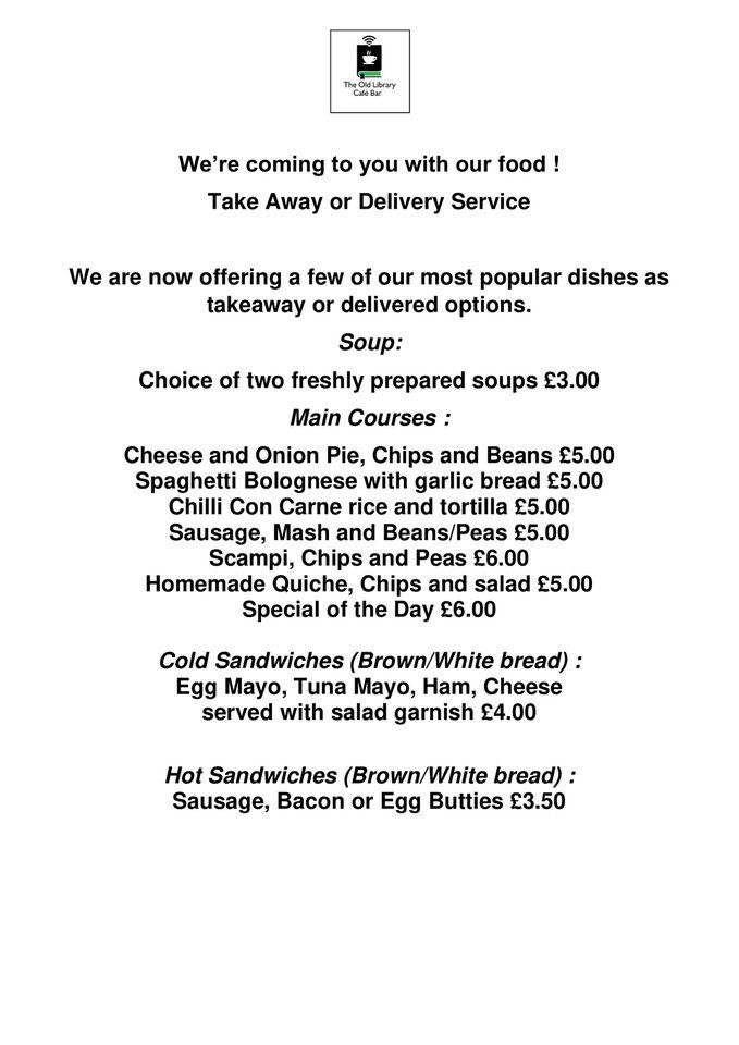 Menu at The Old Library Waterfoot cafe, Waterfoot, Bacup Rd