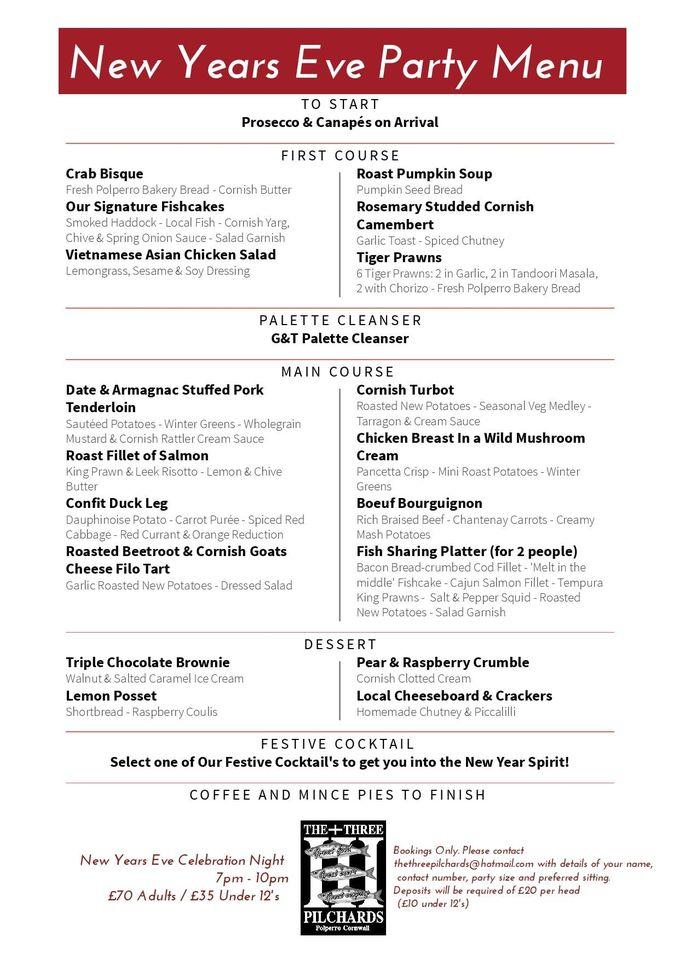 Menu at The Three Pilchards pub & bar, Polperro
