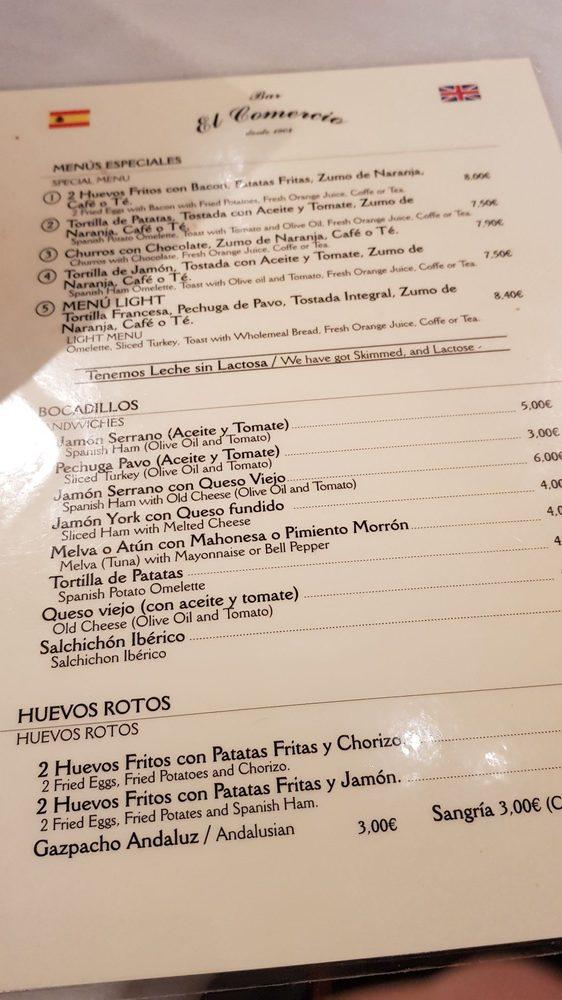 Menu at Bar El Comercio, Seville