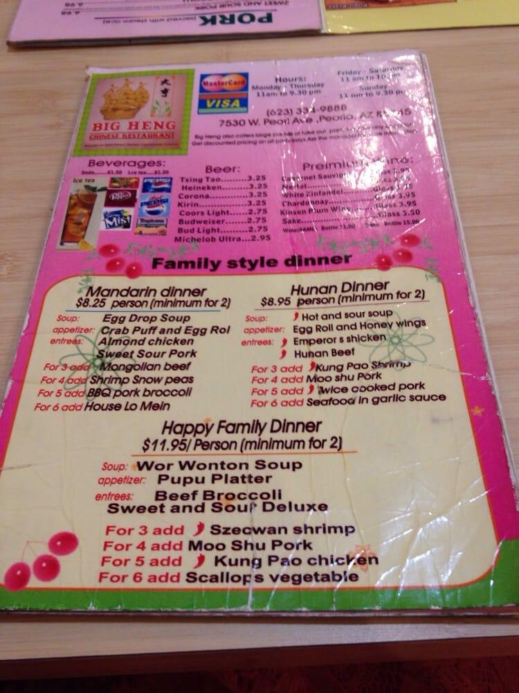 Menu at Big Heng restaurant, Peoria