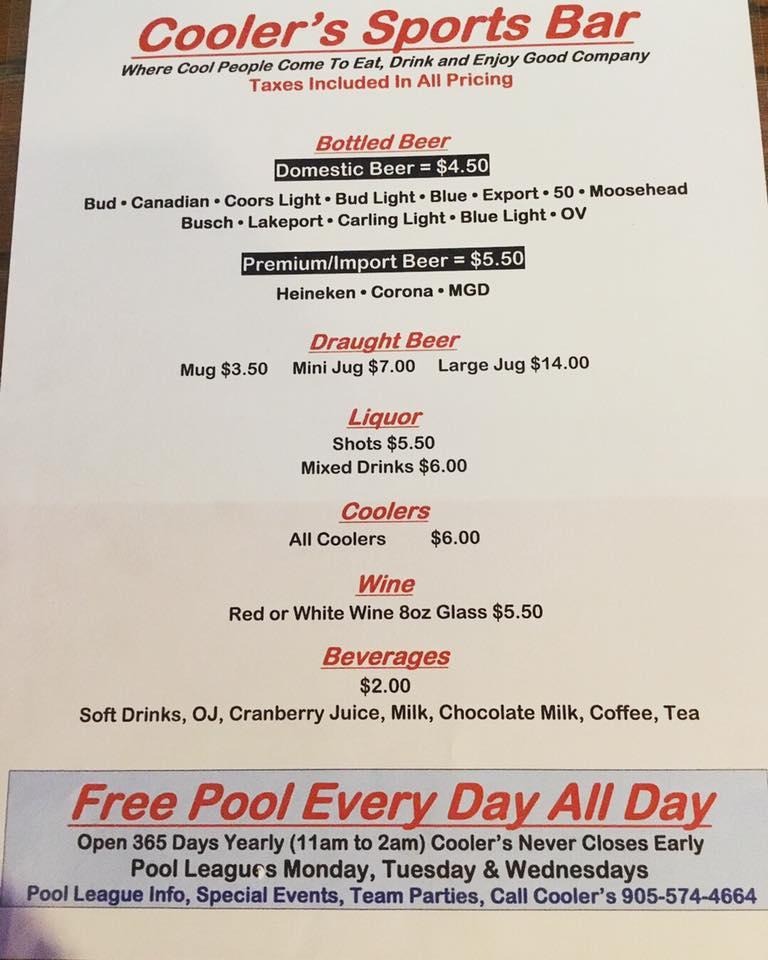 Menu at Coolers pub & bar, Hamilton
