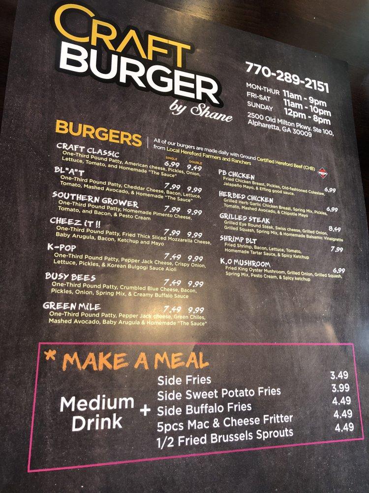 Menu at Craft Burger By Shane Old Milton restaurant, Alpharetta