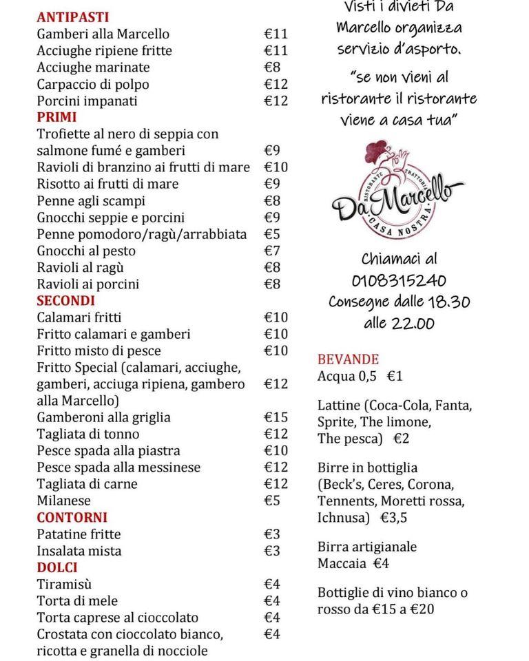 Menu da Da Marcello ristorante, Genova, Piazza Marassi